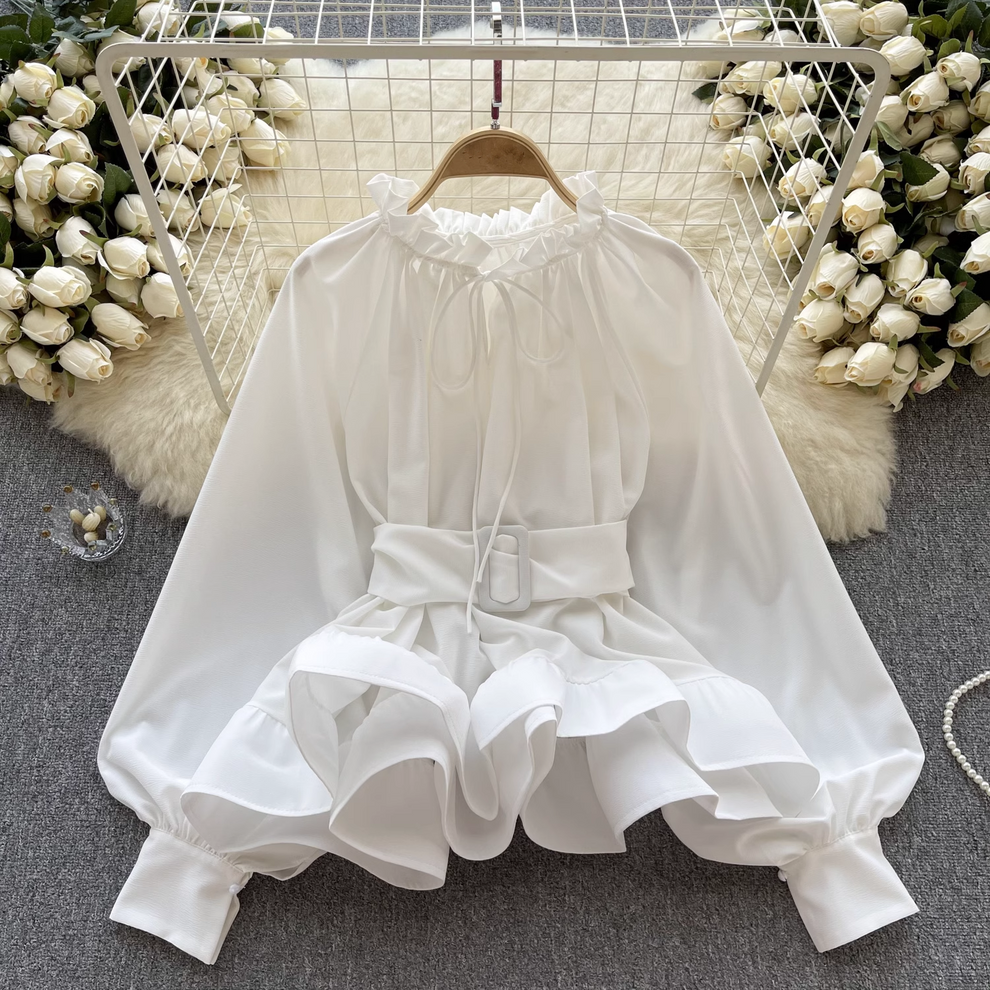 Retro court style waist tie with ruffle leaf edge blouses female niche ...