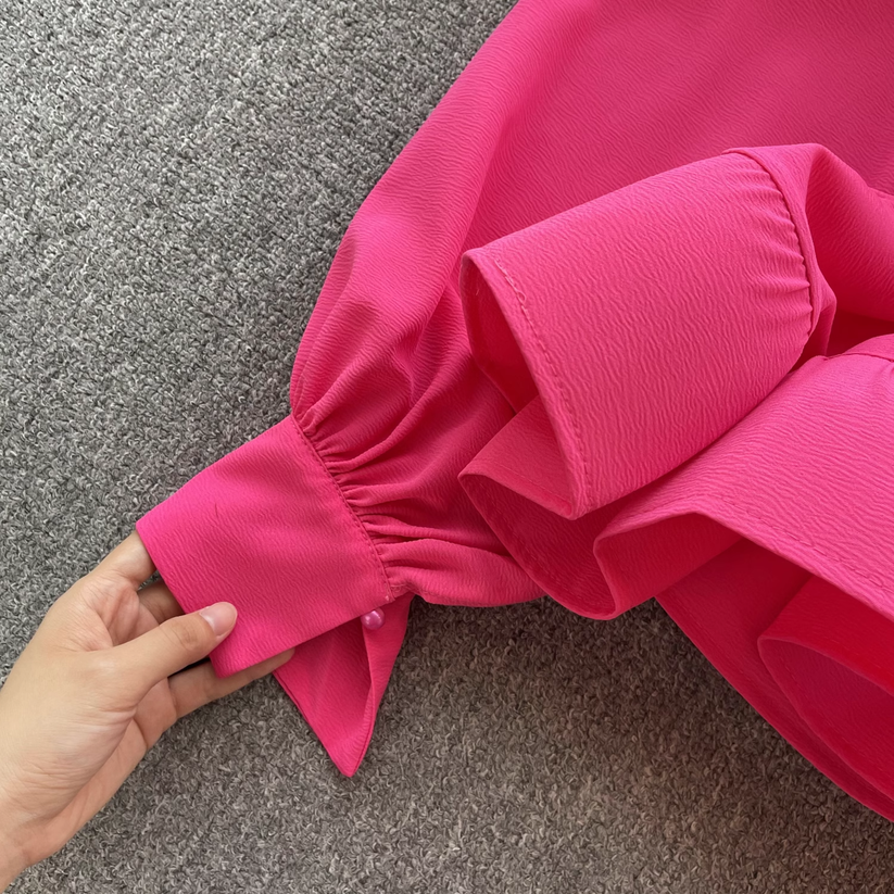 Retro court style waist tie with ruffle leaf edge blouses female niche ...