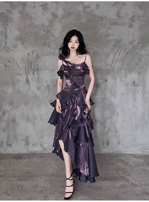 Irregular Ruffled Suspender Prom Dress Dark Purple Long Birthday Dress ...